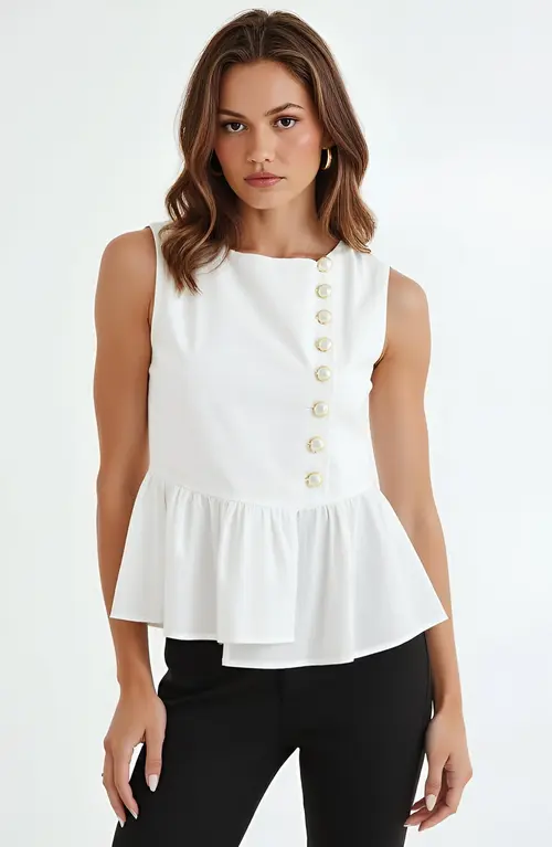 MODENAIRE Sleeveless Peplum Top With Pearl Button Front