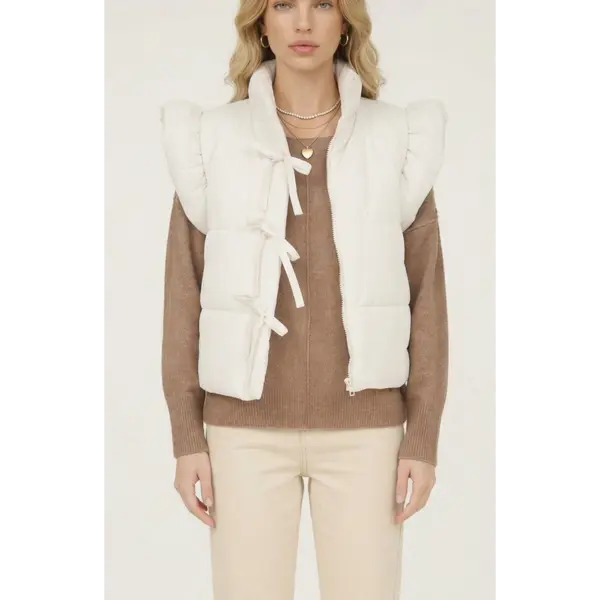 MODENAIRE Ruffle Shoulder Puffer Vest - White