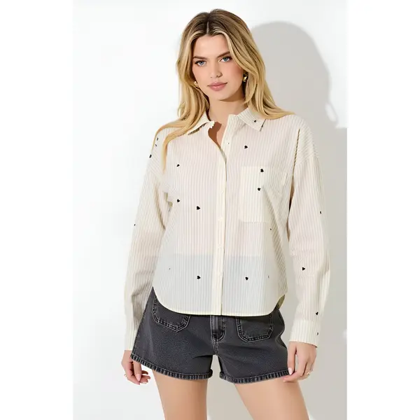 MODENAIRE Heart Embroidered Button-up Shirt - Striped