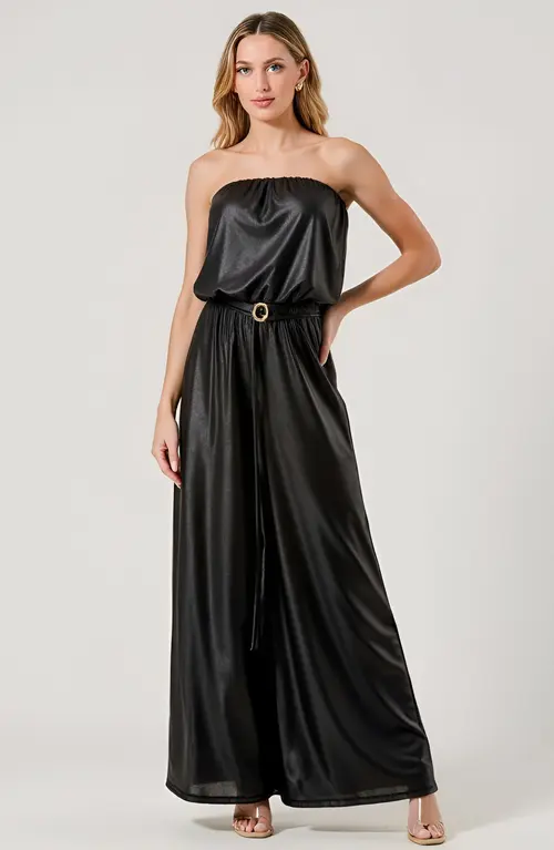 MODENAIRE Strapless Satin Jumpsuit With Belted Waist - Black