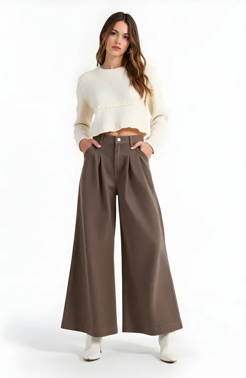MODENAIRE High-waist Wide-leg Front-pleated Side-pocket Pants