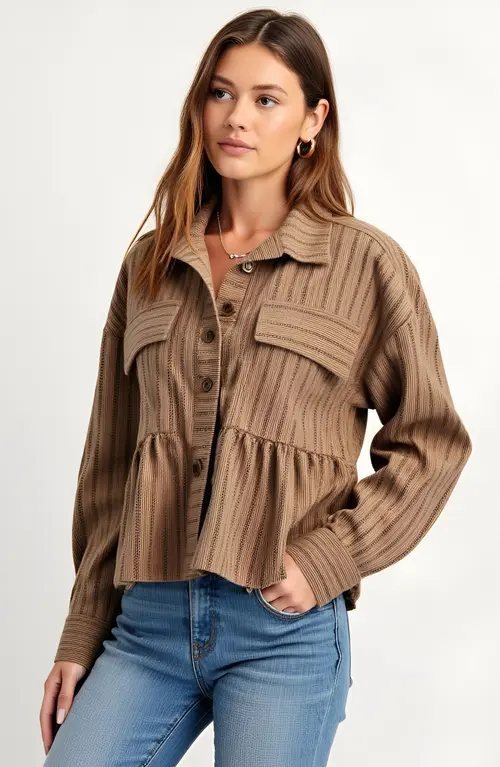 MODENAIRE Button-front Shirt Jacket With Peplum Hem
