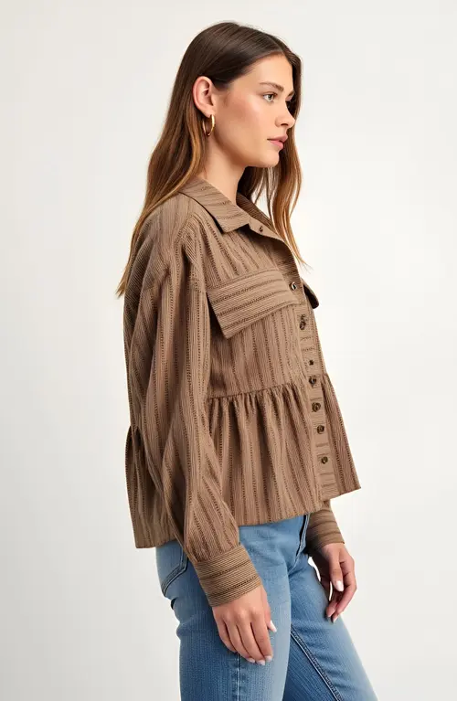 MODENAIRE Button-front Shirt Jacket With Peplum Hem