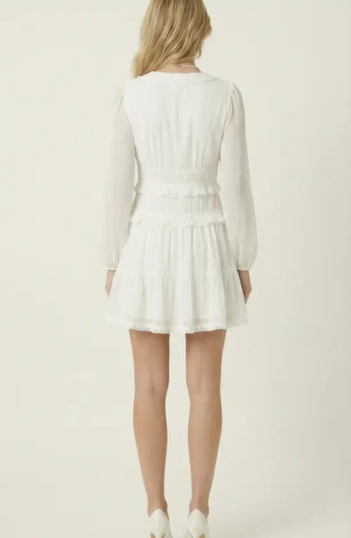 MODENAIRE Long Sleeve V-neck Ruffle Mini Dress