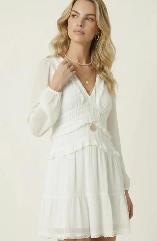 MODENAIRE Long Sleeve V-neck Ruffle Mini Dress