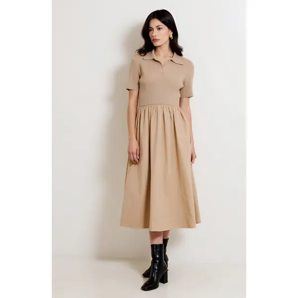 MODENAIRE Polo Collar A-line Midi Sweater Dress - Beige