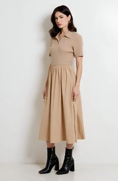 MODENAIRE Polo Collar A-line Midi Sweater Dress