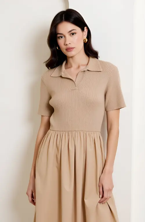 MODENAIRE Polo Collar A-line Midi Sweater Dress