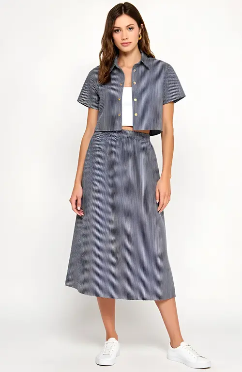 MODENAIRE Striped Cropped Button-up Shirt And Midi Skirt Set - Blue/white Stripes