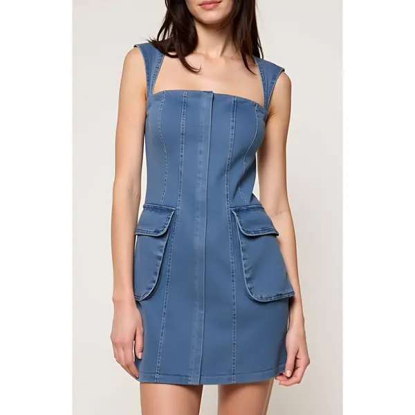 MODENAIRE Square Neck Denim Mini Dress With Pockets - Denim Blue