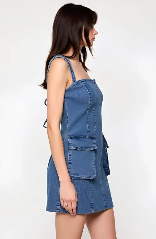 MODENAIRE Square Neck Denim Mini Dress With Pockets