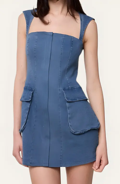 MODENAIRE Square Neck Denim Mini Dress With Pockets