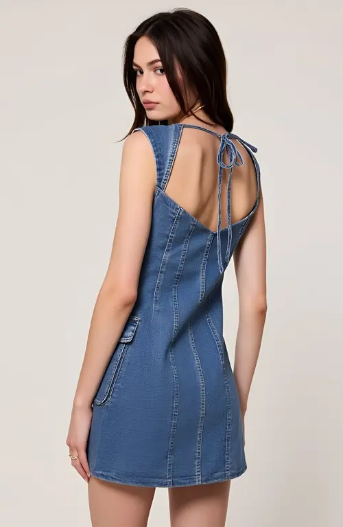 MODENAIRE Square Neck Denim Mini Dress With Pockets
