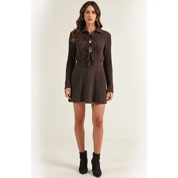 MODENAIRE Ribbed Knit Romper With Bow Tie Front And Long Sleeves - Brown