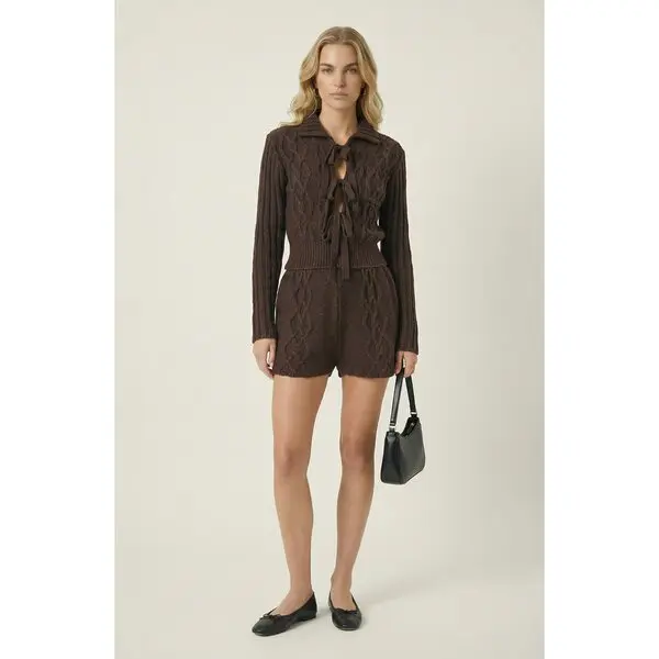 MODENAIRE Ribbed Knit Romper With Bow Tie Front And Long Sleeves - Brown
