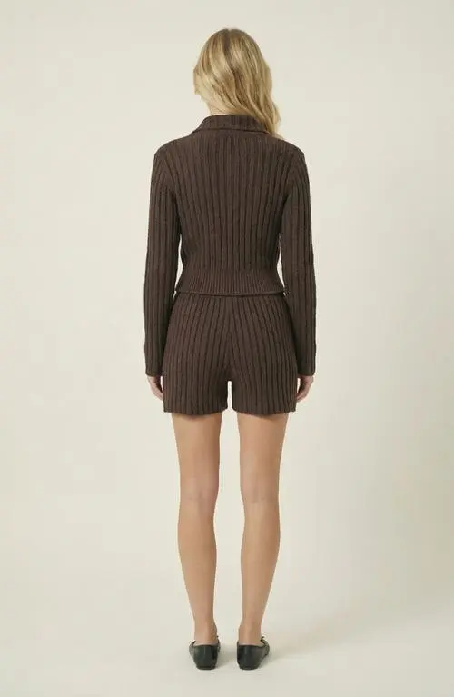MODENAIRE Ribbed Knit Romper With Bow Tie Front And Long Sleeves