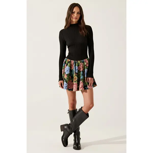 MODENAIRE Rib-knit Mock Neck Long Sleeve Dress With Floral Skirt - Multicolored Floral