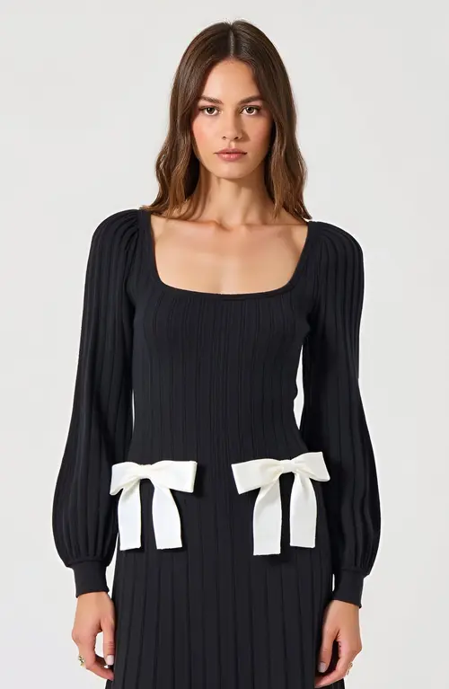 MODENAIRE Front Bow Detail Square Neck Puff Sleeve Maxi Sweater Dress