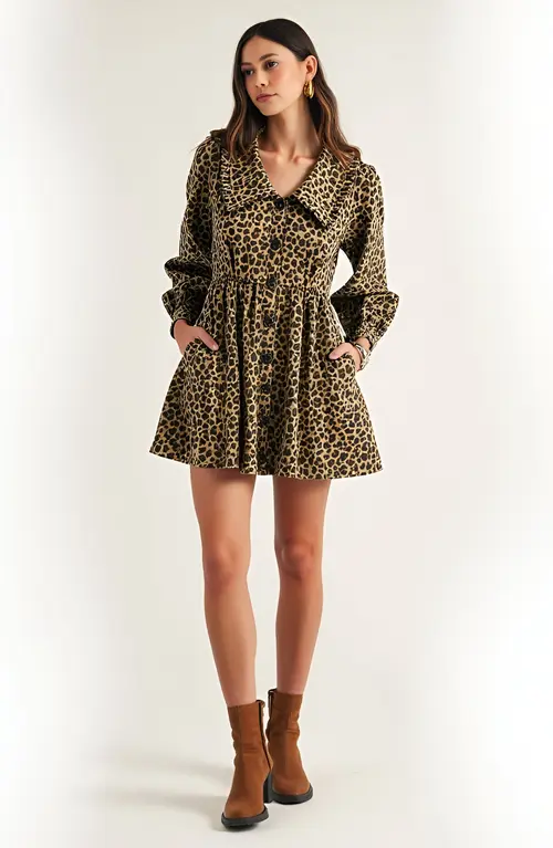 MODENAIRE Long-sleeve Mini Dress With Oversized Collar - Leopard Print