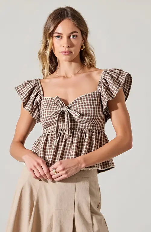 MODENAIRE Peplum Top With Flutter Sleeves And Front Tie