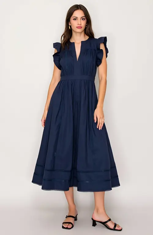 MODENAIRE Flutter Sleeve Midi Dress With Tiered Skirt - Navy Blue
