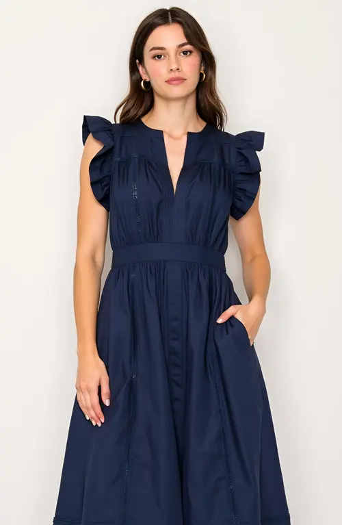 MODENAIRE Flutter Sleeve Midi Dress With Tiered Skirt