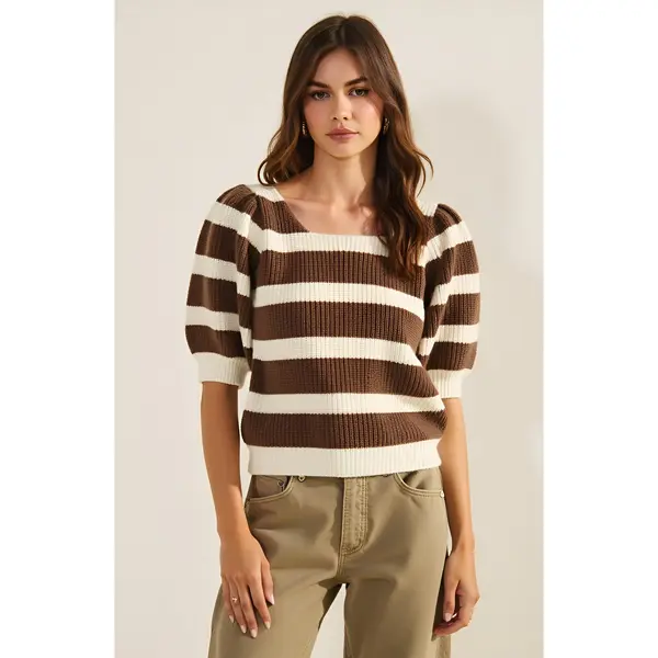 MODENAIRE Striped Knit Top With Puff Sleeves - Brown/off White Stripe