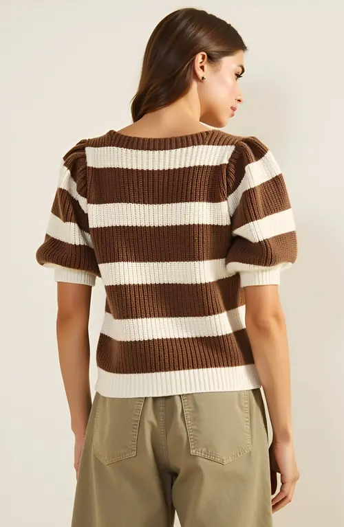 MODENAIRE Striped Knit Top With Puff Sleeves