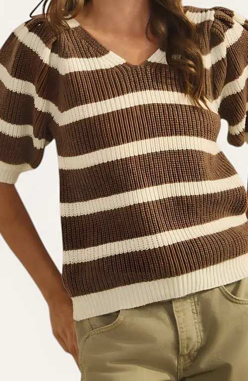 MODENAIRE Striped Knit Top With Puff Sleeves