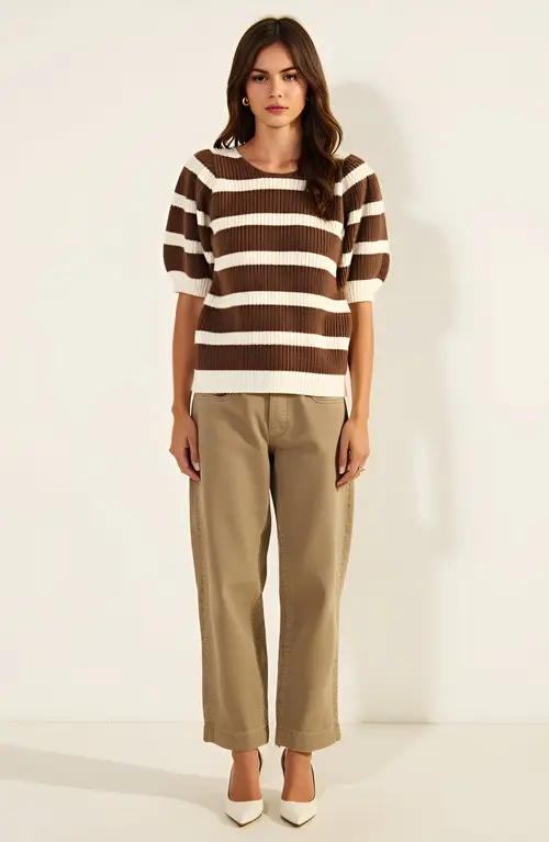 MODENAIRE Striped Knit Top With Puff Sleeves