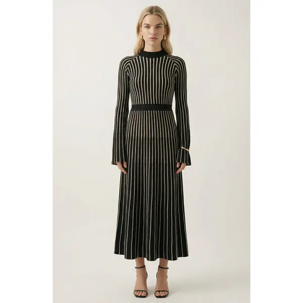 MODENAIRE Striped Rib-knit Maxi Dress With Mock Neck - Black/white Stripe