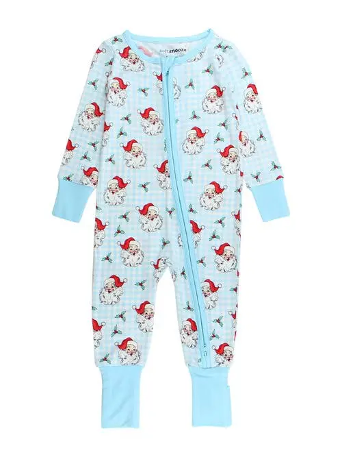 RUFFLEBUTTS Softsnooze Baby Convertible One Piece Pajama - Blue Dear Santa