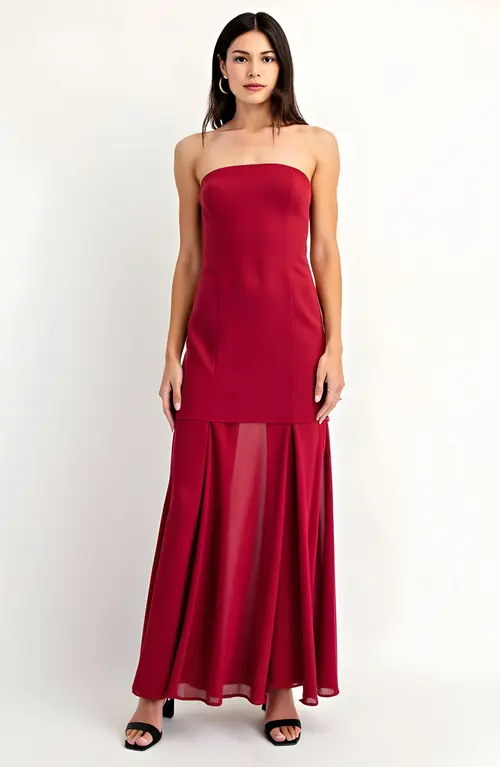 MODENAIRE Strapless Evening Gown With Sheer Skirt
