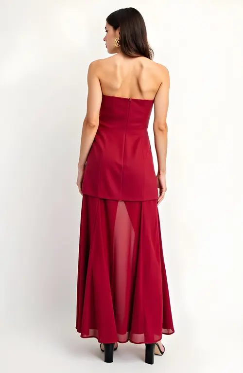 MODENAIRE Strapless Evening Gown With Sheer Skirt