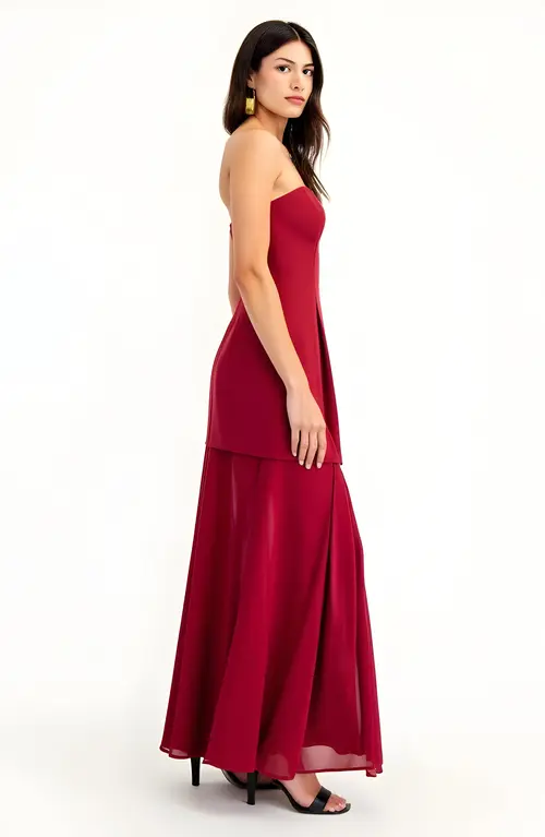 MODENAIRE Strapless Evening Gown With Sheer Skirt