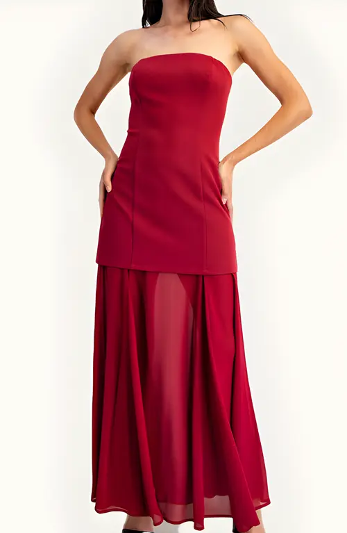 MODENAIRE Strapless Evening Gown With Sheer Skirt
