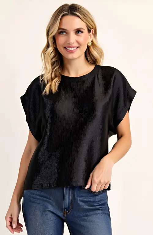 MODENAIRE Textured Satin Blouse With Keyhole Back - Black