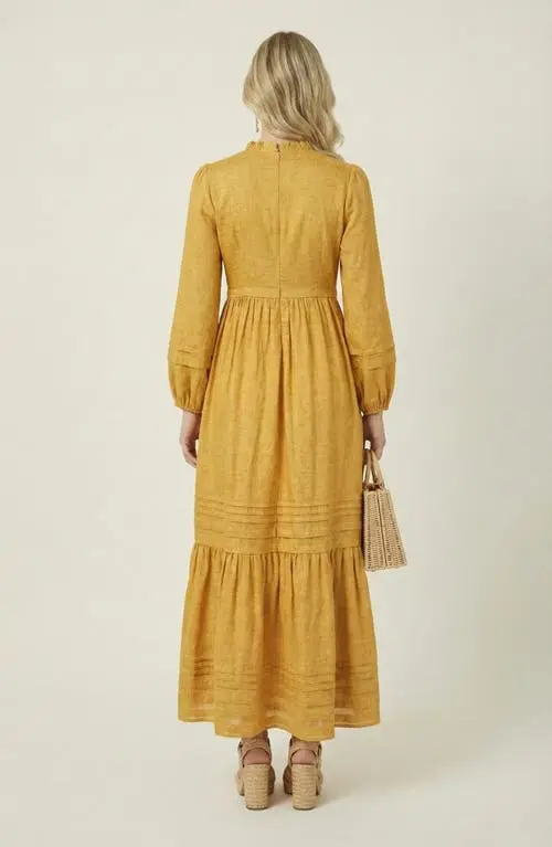 MODENAIRE Midi Shirred Neckline Tie Front Long Sleeve Tiered Hem Dress
