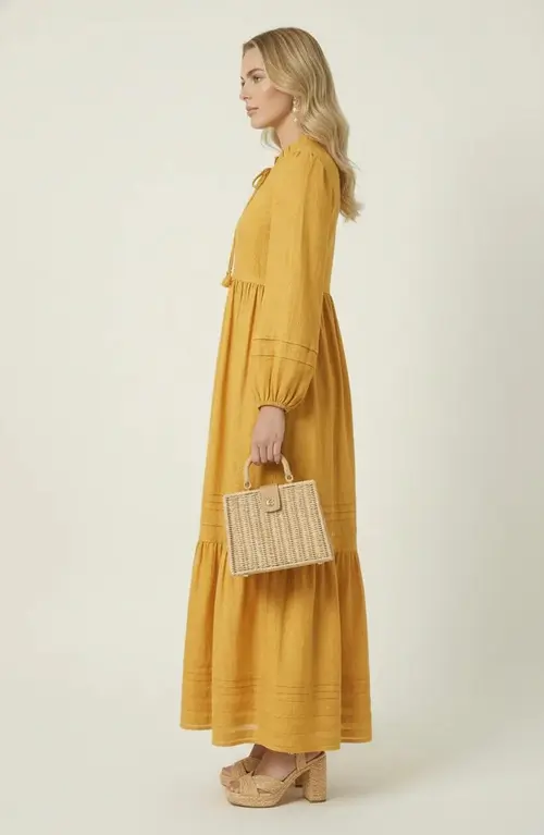 MODENAIRE Midi Shirred Neckline Tie Front Long Sleeve Tiered Hem Dress