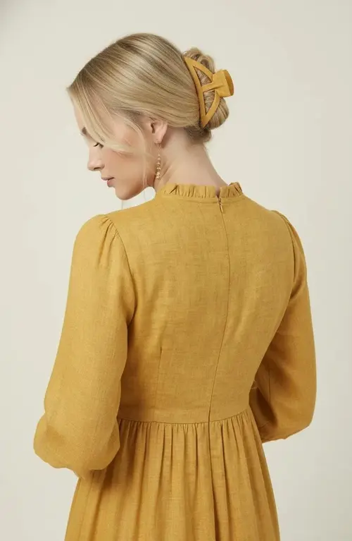 MODENAIRE Midi Shirred Neckline Tie Front Long Sleeve Tiered Hem Dress