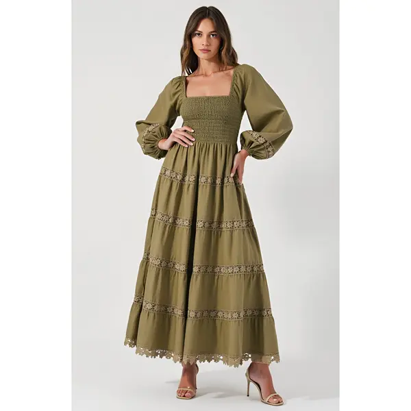 MODENAIRE Smocked Bodice Maxi Dress With Lace Inset - Olive Green