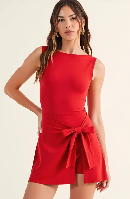 MODENAIRE Sleeveless Romper With Skirt Overlay - Cherry