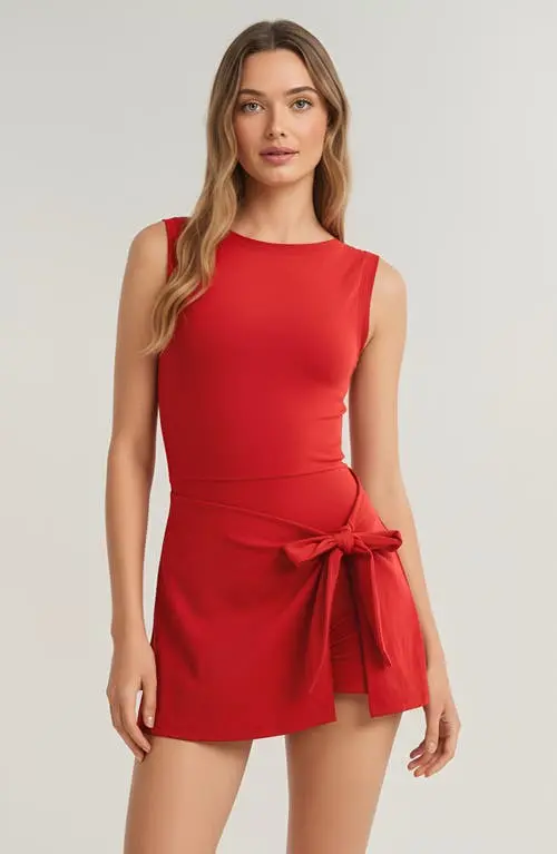 MODENAIRE Sleeveless Romper With Skirt Overlay - Red