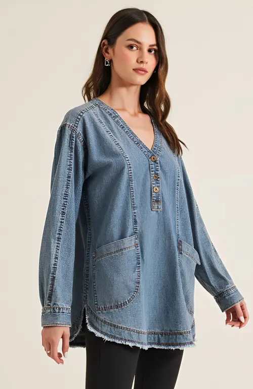 MODENAIRE Woven Denim V-neck Blouse