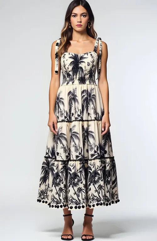 MODENAIRE Tropical Print Tiered Midi Dress With Pom Trim - Ivory/black