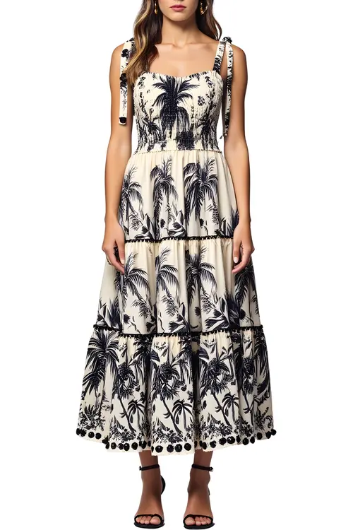 MODENAIRE Tropical Print Tiered Midi Dress With Pom Trim - Ivory/black