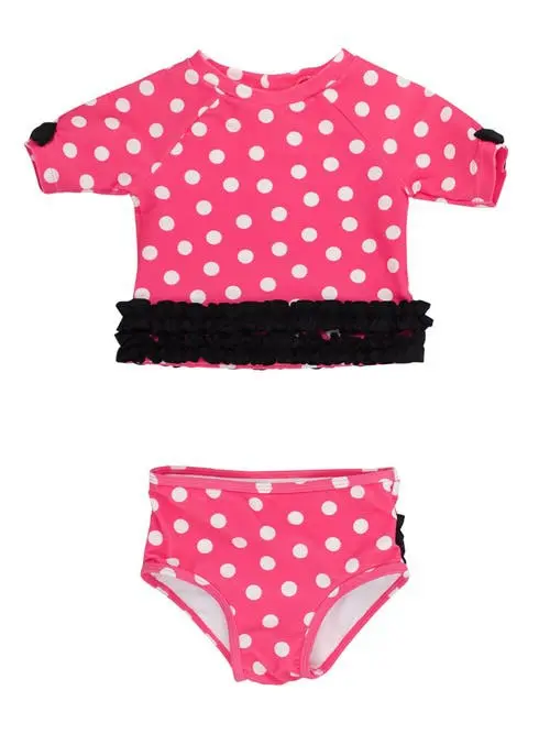 RUFFLEBUTTS Classic Bow Short Sleeve Upf50 Rash Guard 2-piece Swimsuit - Hot Pink Polka Dot