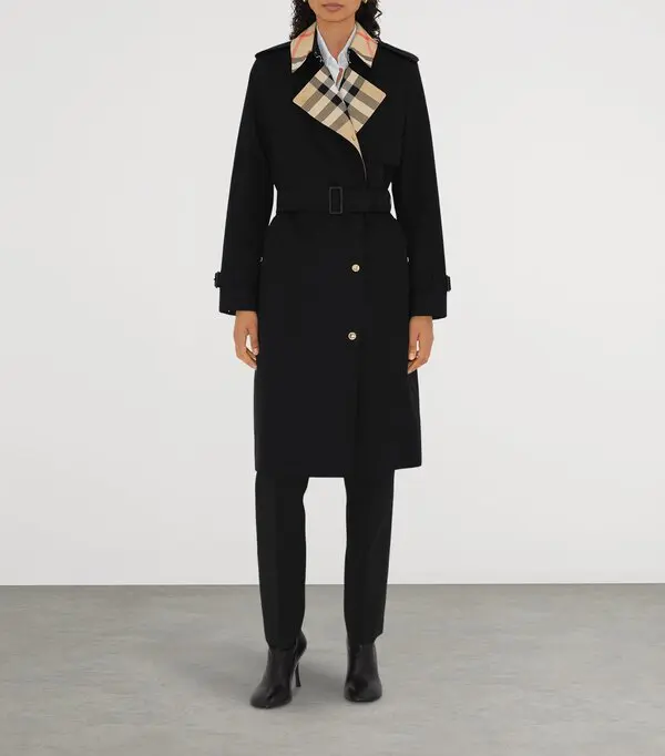 Burberry Long Check Gabardine Trench Coat - Black