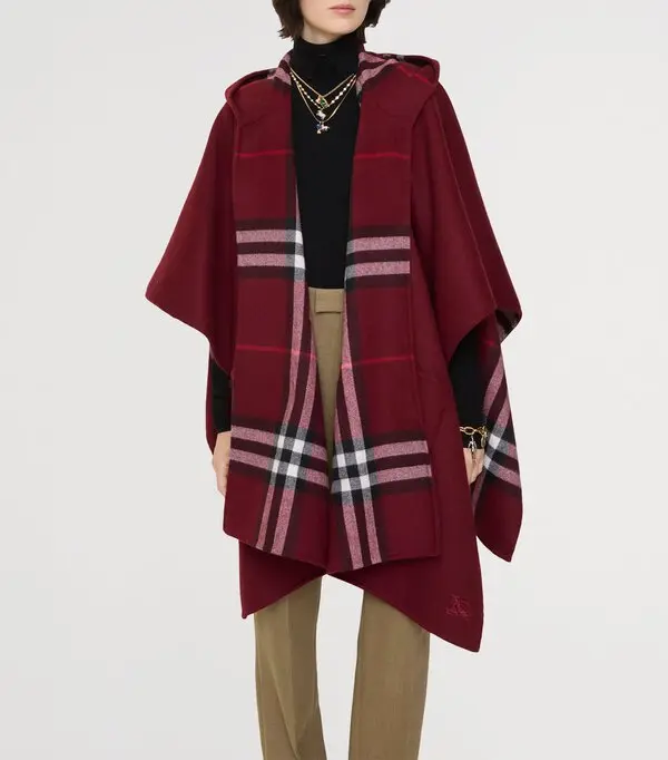 Burberry Cashmere Reversible Check Hooded Cape - Red