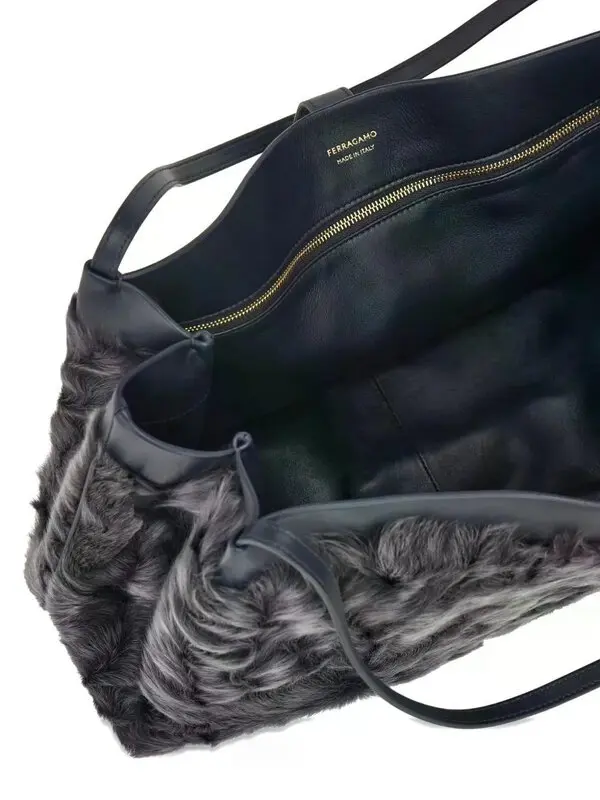 FERRAGAMO Large Shearling Tote Bag - Grey